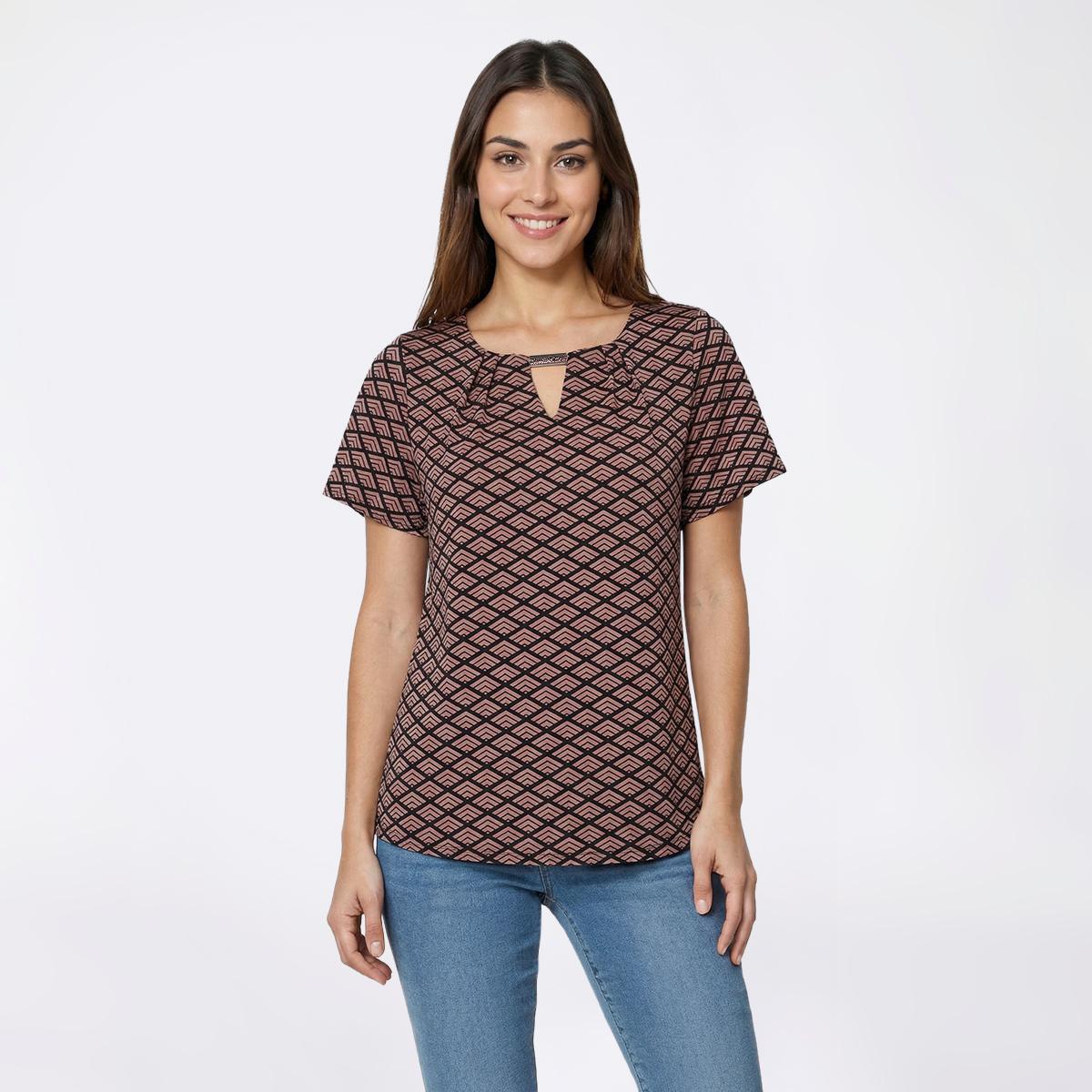 Click here for Womens Notations Short Sleeve Bar Neck Geometric B... prices